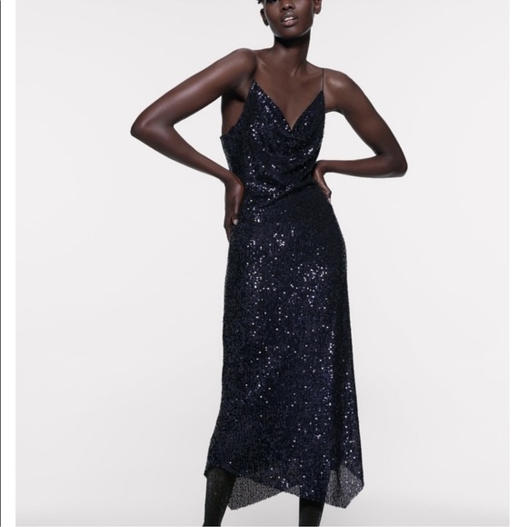 Zara | Dresses | Nwt Zara Navy Blue Sequin Bodycon Cowel Neck Maxi ...